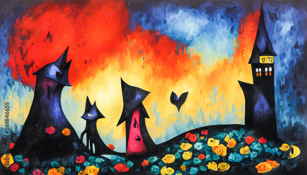 A surrealist expressionist painting in bold colors, depicting a ...