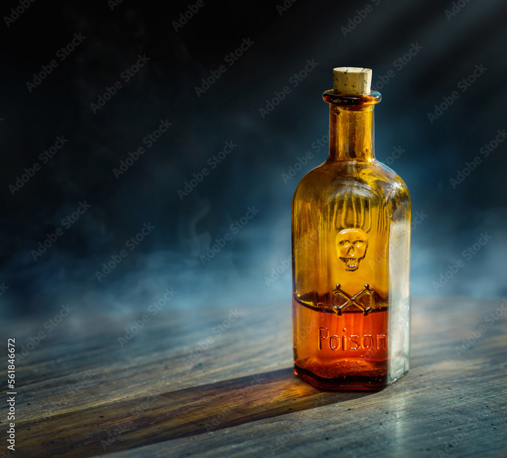 Glass poison bottle with skull and bones. Concept background on poison ...