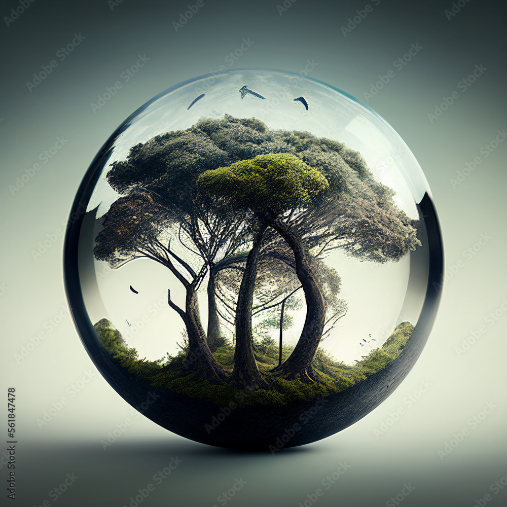 environment, green planet earth, glass globe with tree, generative ai ...