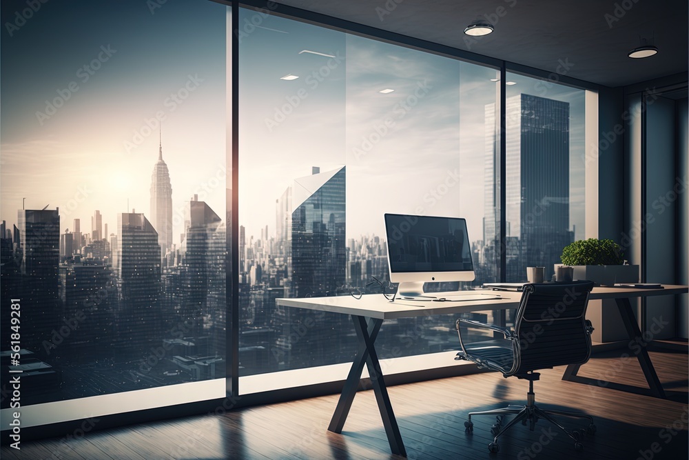 a desk with a computer on it in a room with a view of a city skyline ...