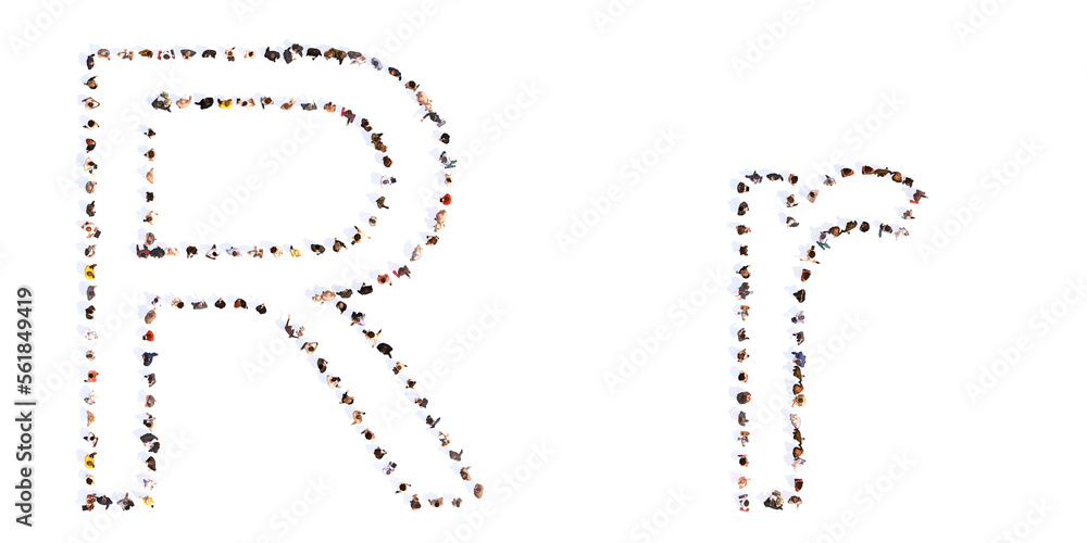 Concept or conceptual large community of people forming the font R. 3d ...