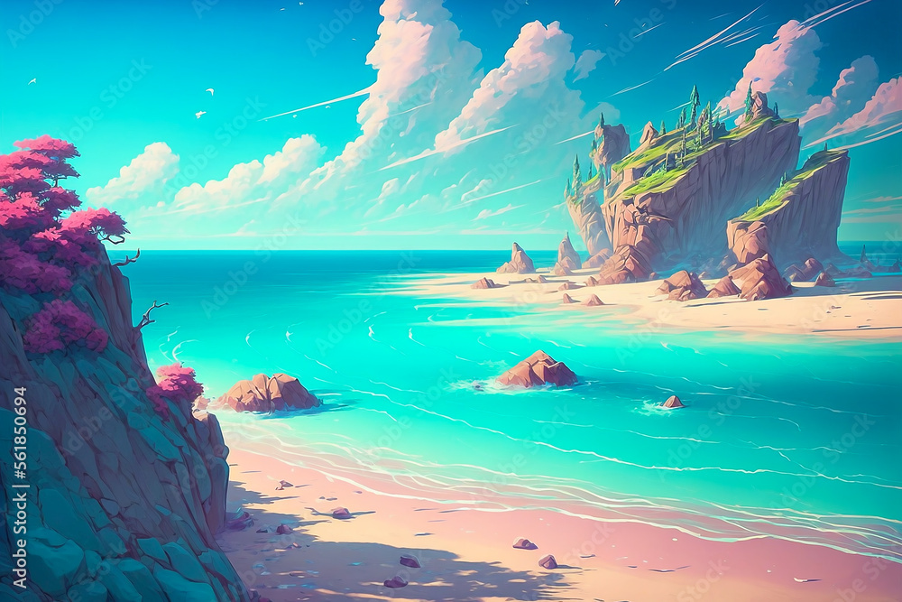 Fantasy landscape background illustration of a magical seashore. Summer ...
