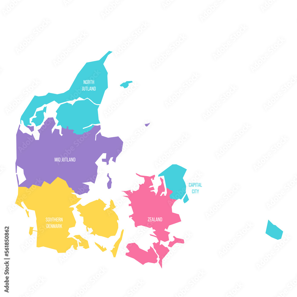 Denmark political map of administrative divisions - regions. Colorful ...