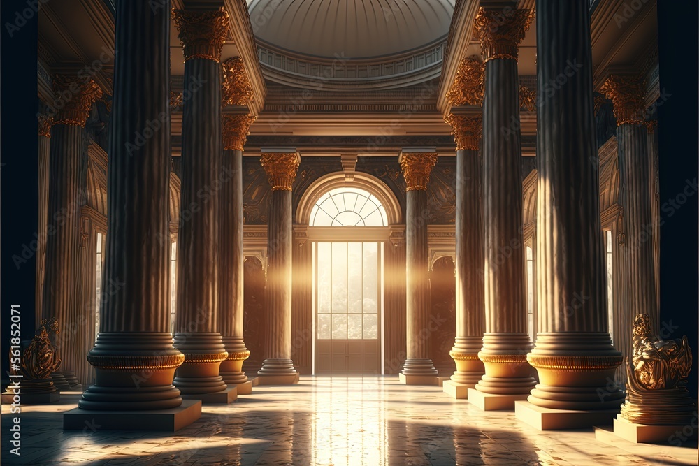 a large room with columns and a door in it's center with a sunbeam ...