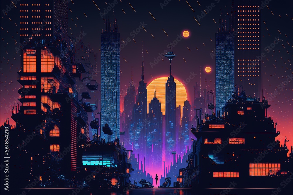 Neon pixel city night. Futuristic dark night neon cityscape with ...