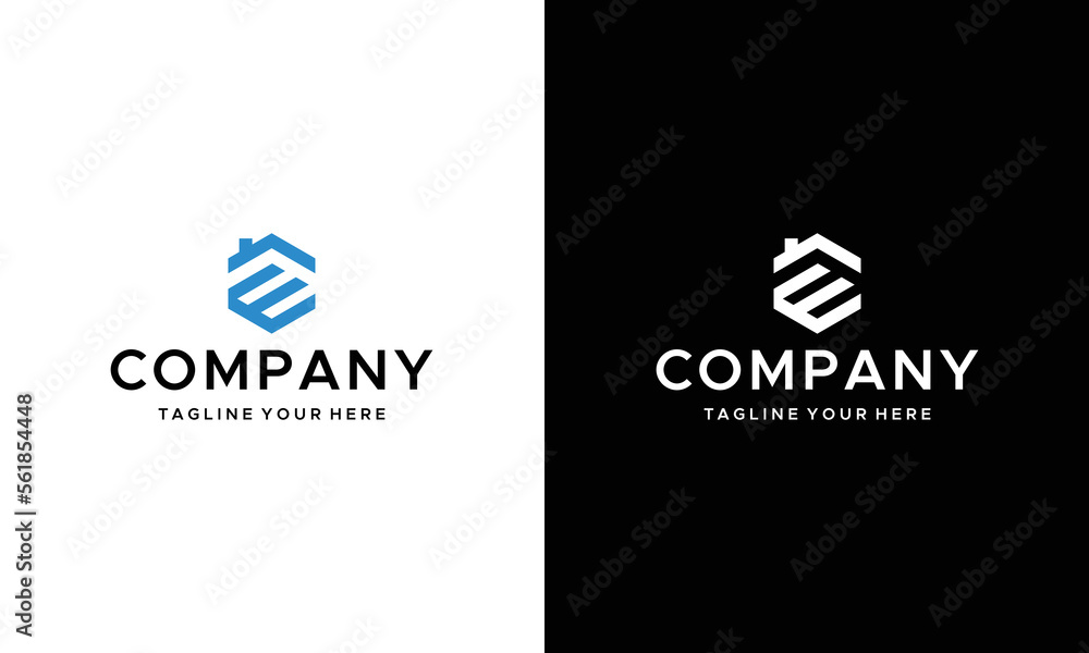 letter e house logo design vector illustration, on a black and white ...