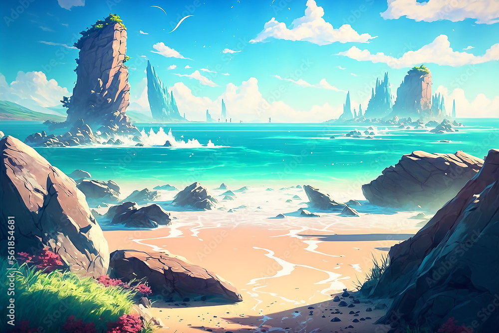 Fantasy landscape background illustration of a magical seashore. Summer ...