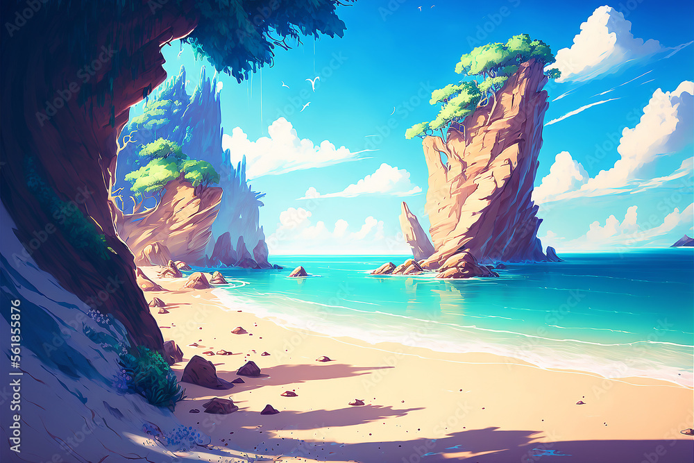 Fantasy landscape background illustration of a magical seashore. Summer ...