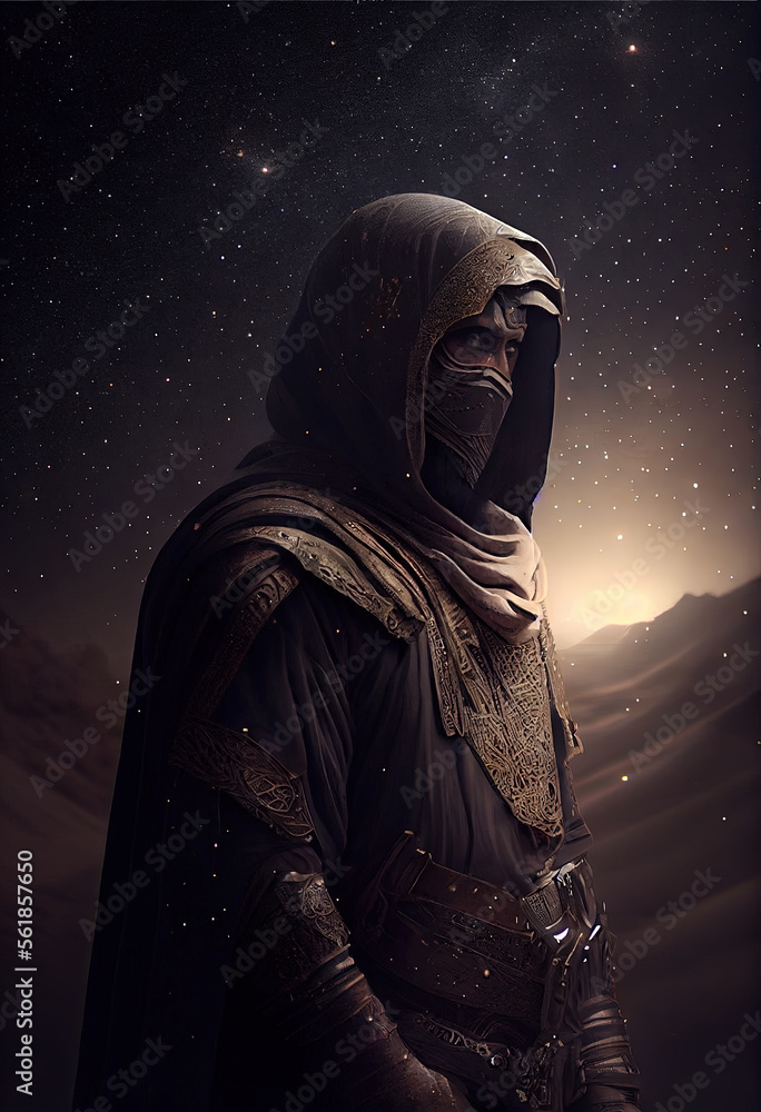 An Arabian knight wearing ancient arab clothing with ornaments and ...