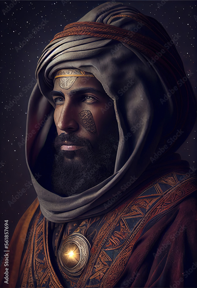An Arabian knight wearing ancient arab clothing with ornaments and ...