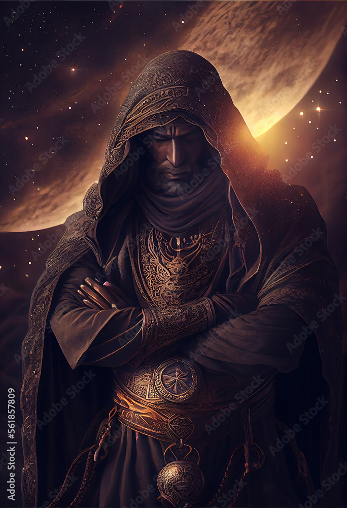 An Arabian knight wearing ancient arab clothing with ornaments and ...