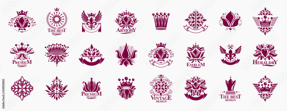 De Lis and crowns vintage heraldic emblems vector big set, antique ...