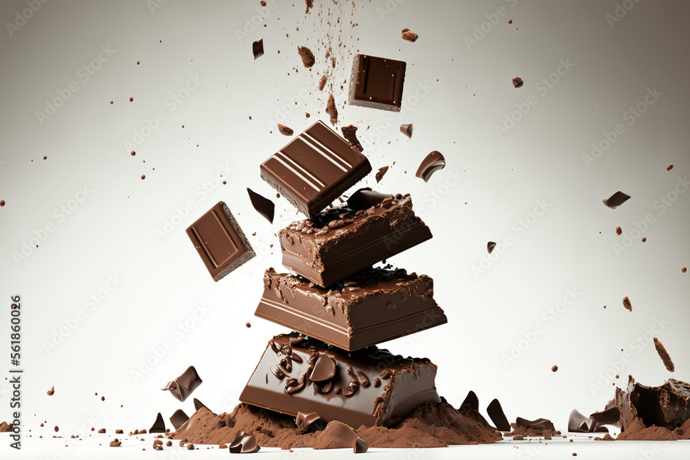 stacked chocolate chunks falling close up on a white background ...