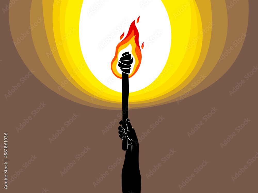 Vetor de Torch in a hand raised up illuminates the dark vector ...