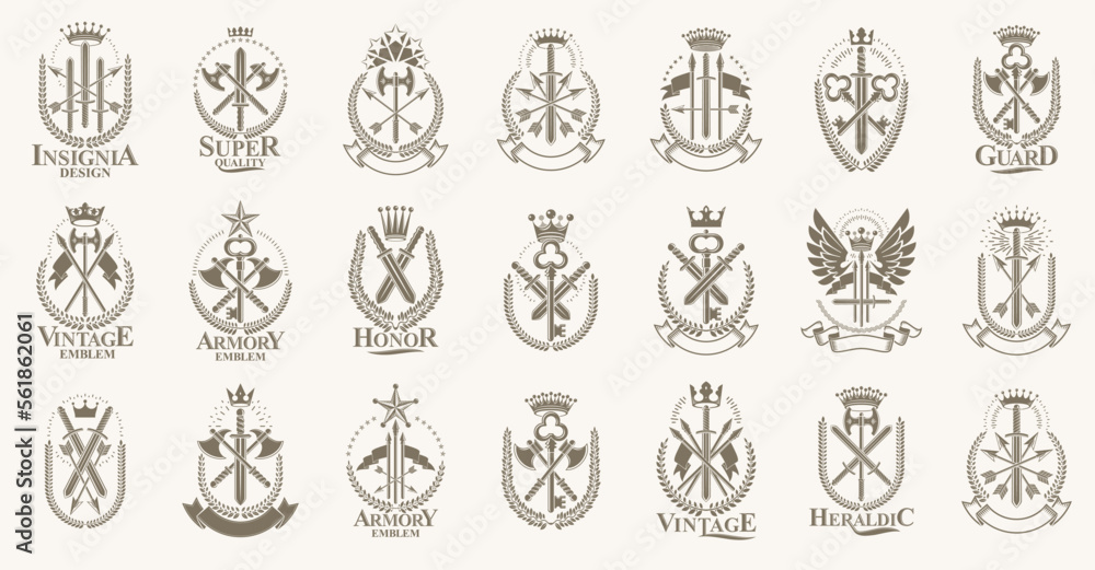 Weapon logos big vector set, vintage heraldic military emblems ...
