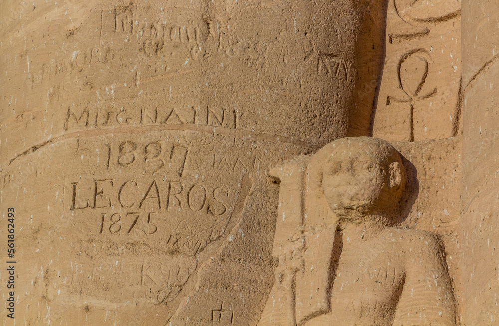 Old stone inscriptions at the Great Temple of Ramesses II in Abu Simbel ...