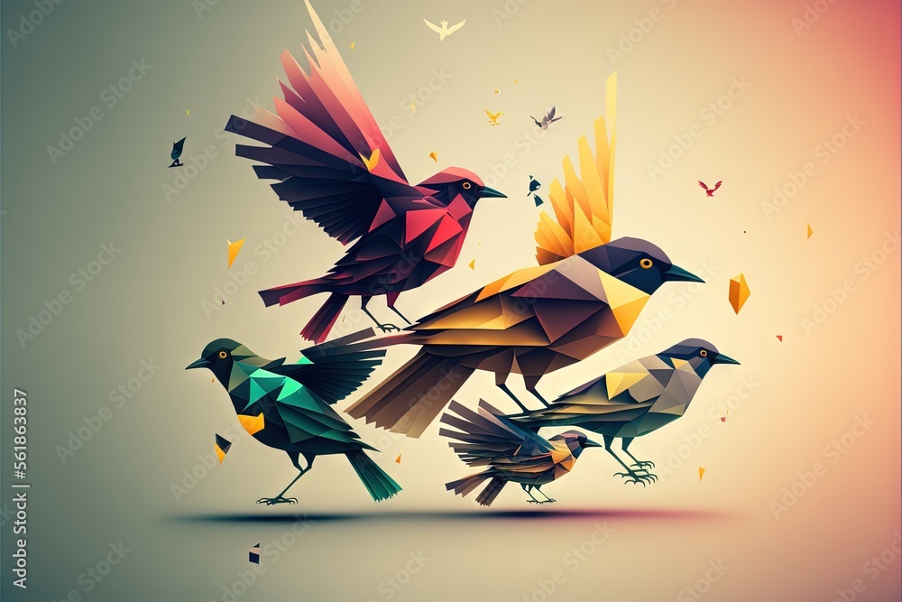 a group of birds flying around each other on a gray background with a ...
