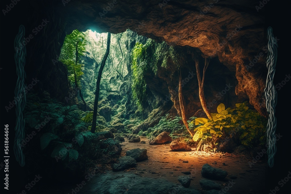 a cave with a light coming from the entrance and plants growing out of ...