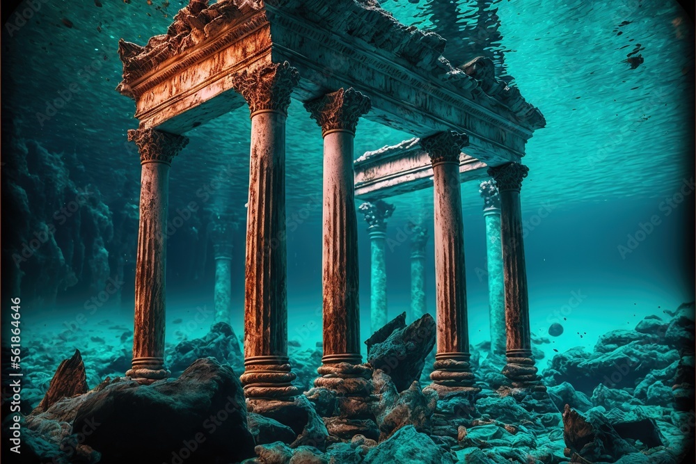 a underwater photo of a building with columns and pillars in the water ...