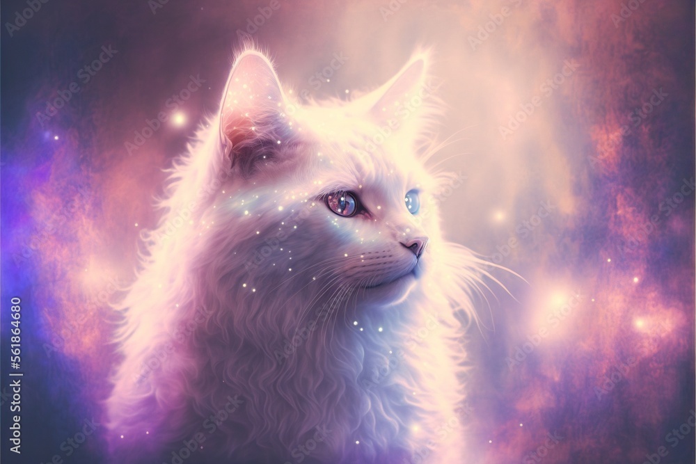 a white cat with blue eyes and a purple background with stars and a ...
