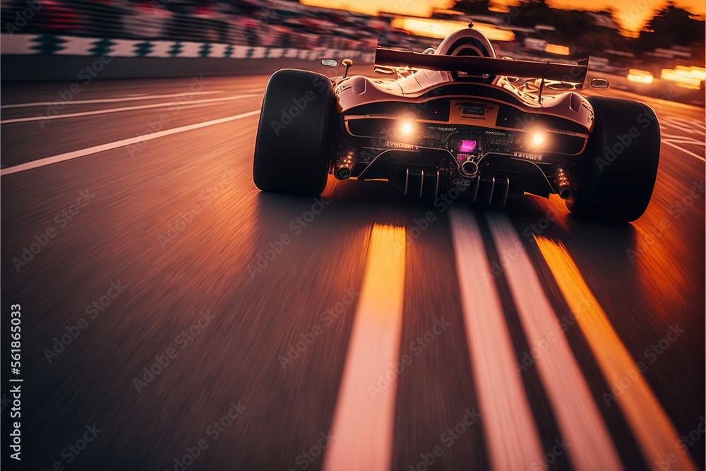 a racing car speeding down a track at night time with lights on it's ...