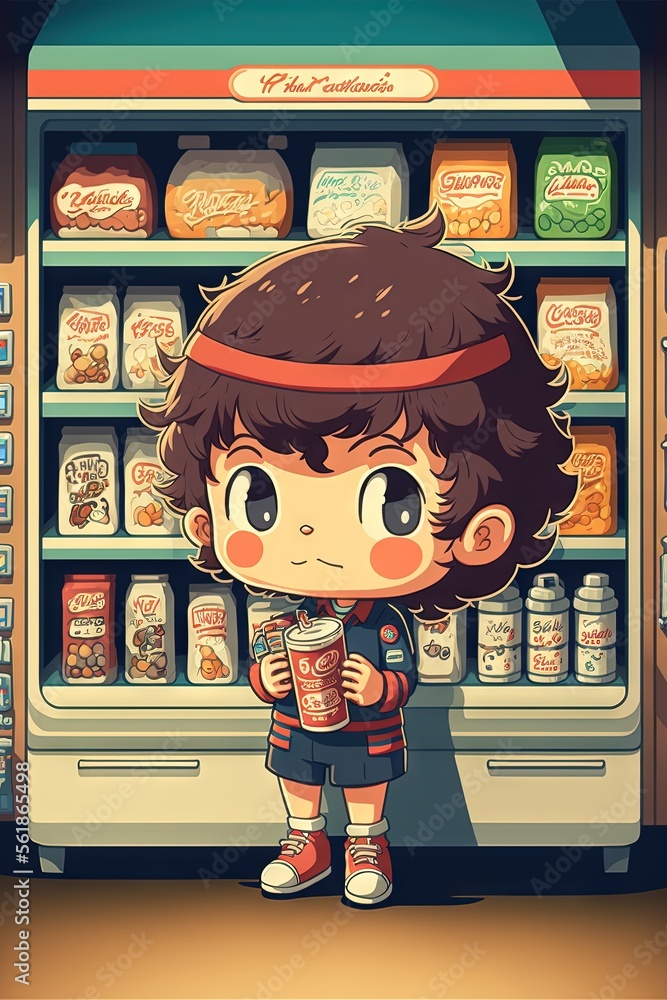 a cartoon girl holding a drink in front of a vending machine with food ...