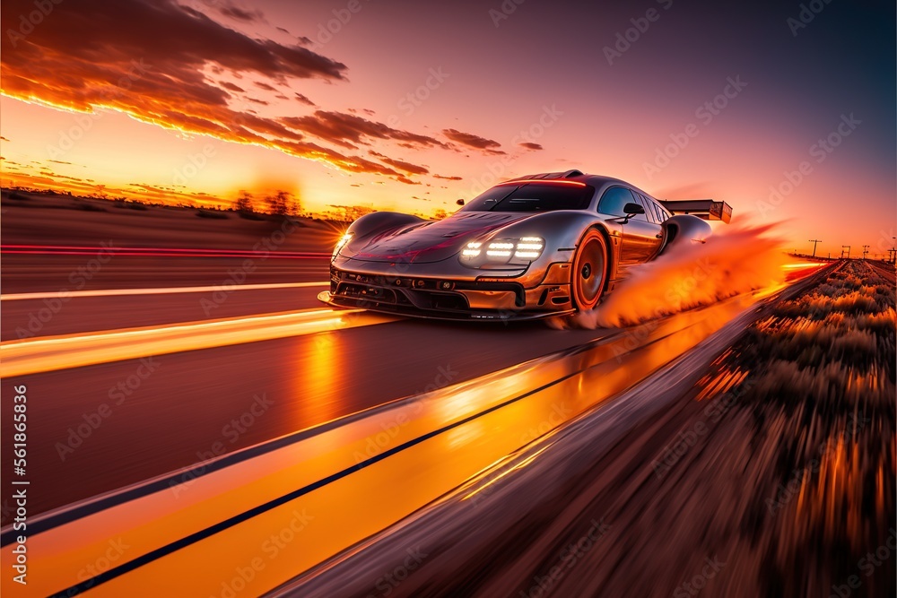 a car driving down a road with a sunset in the background and clouds in ...
