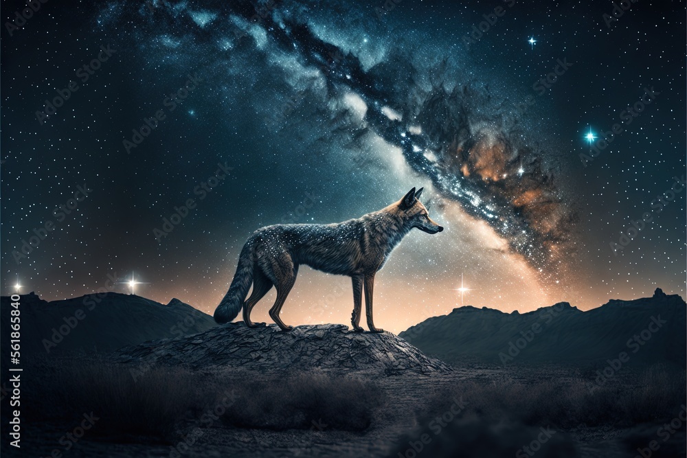 a wolf standing on top of a hill under a night sky filled with stars ...