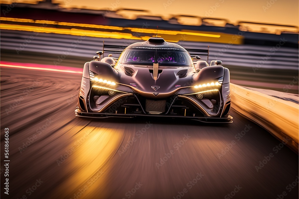 a black sports car driving on a race track at sunset, with the ...
