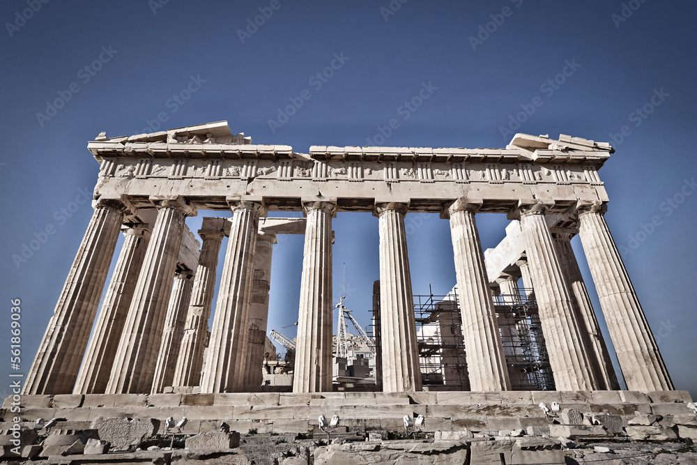 Parthenon under clear blue sky, the famous ancient Greek temple on the ...