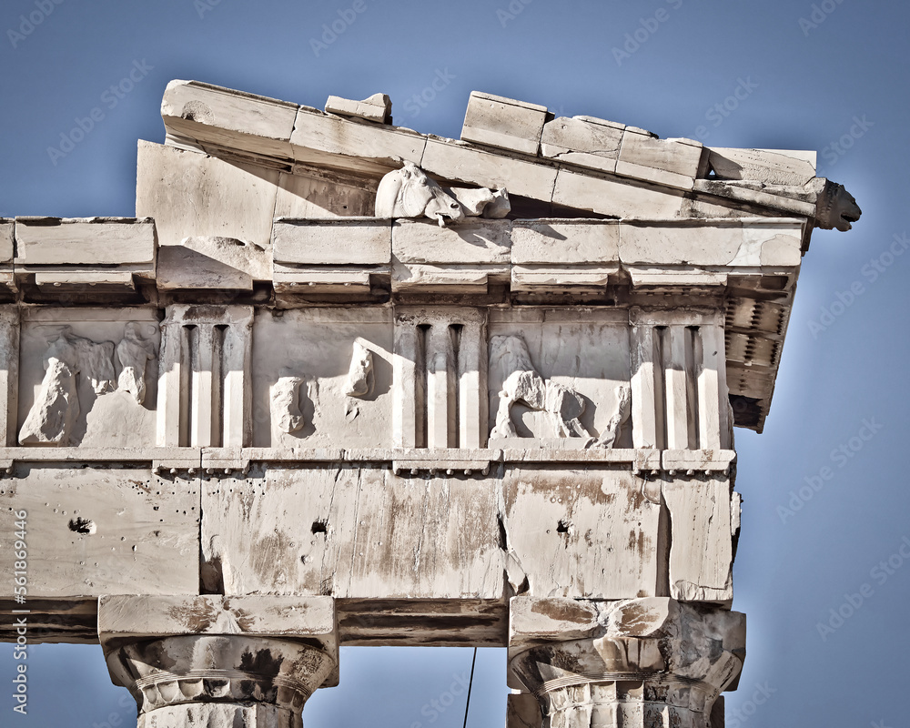 Detail of Parthenon, the famous ancient Greek temple on the acropolis ...