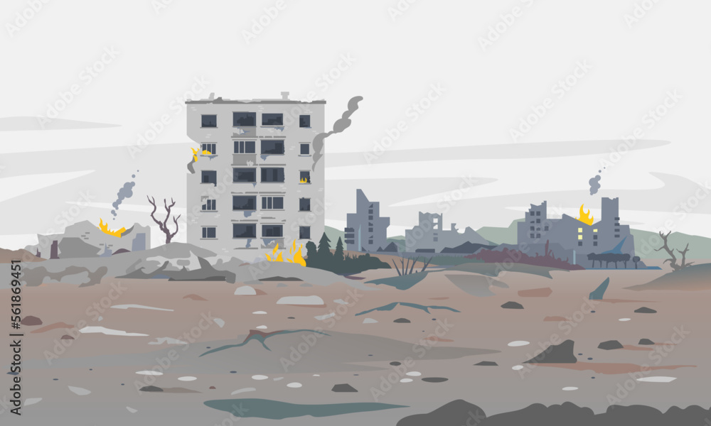 Destroyed city concept landscape background illustration, building ...