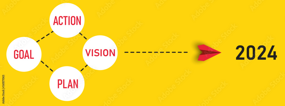 Red plane flying to 2024. Red plane heading towards goal, plan, action ...