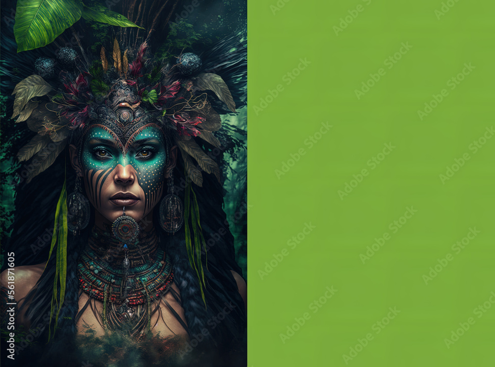 Beautiful shaman in nature. Copy space. Awesome wise-woman in nature ...