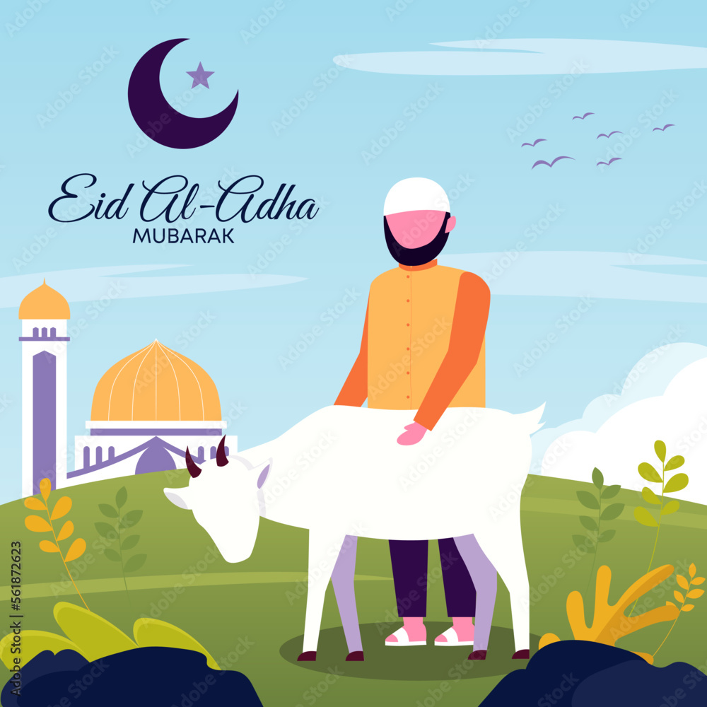 happy eid adha greeting card mubarak islamic festival. muslim people ...