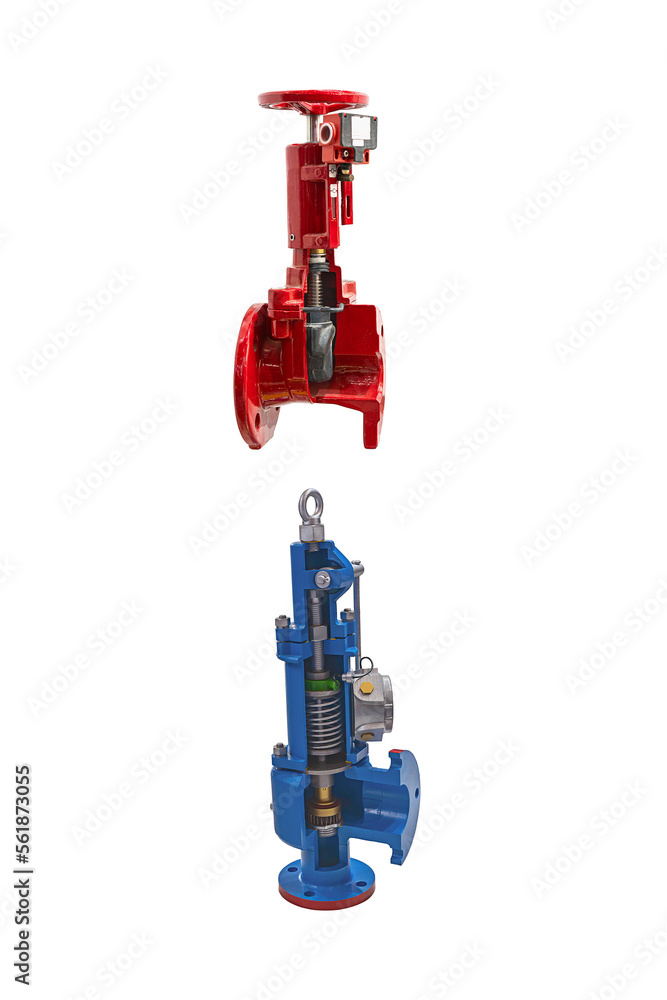 longitudinal and cross sections of small-sized gas valves isolated on ...