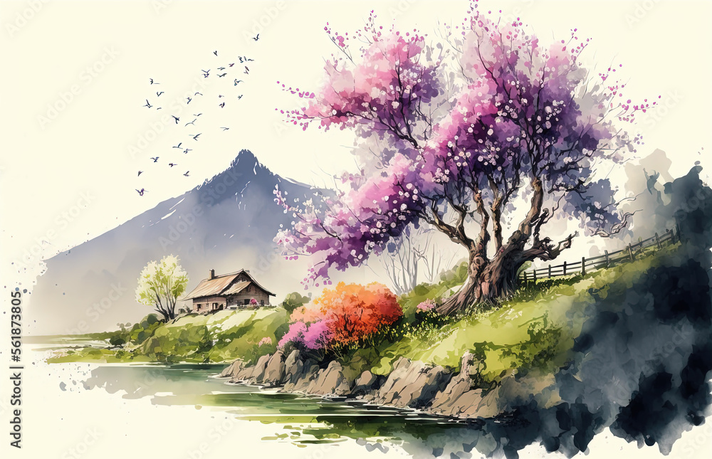 Watercolor Spring Scenery