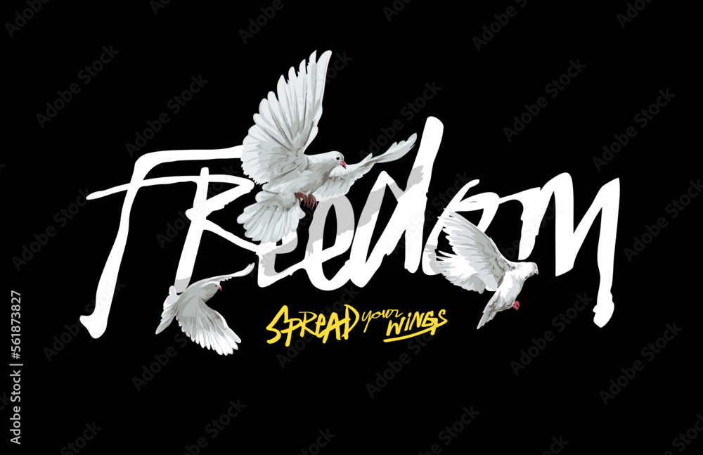 freedom calligraphy slogan with flying pigeons vector illustration on ...