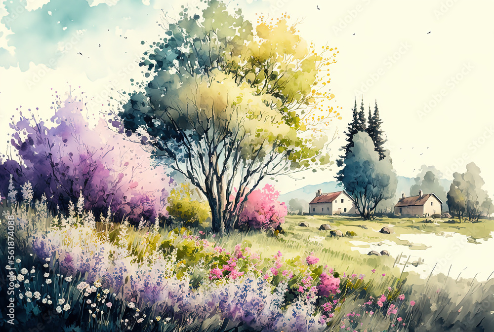 Watercolor spring landscape painting. Trees, flowers and meadow. Ai ...