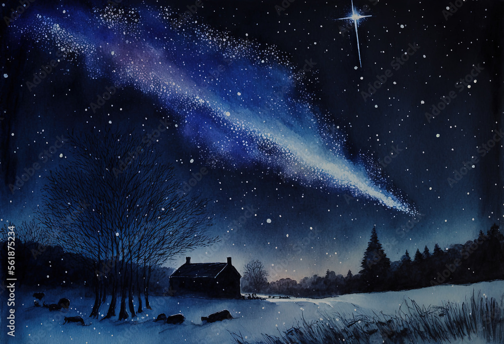 Watercolor winter landscape painting. Forest on a starry night. Ai ...