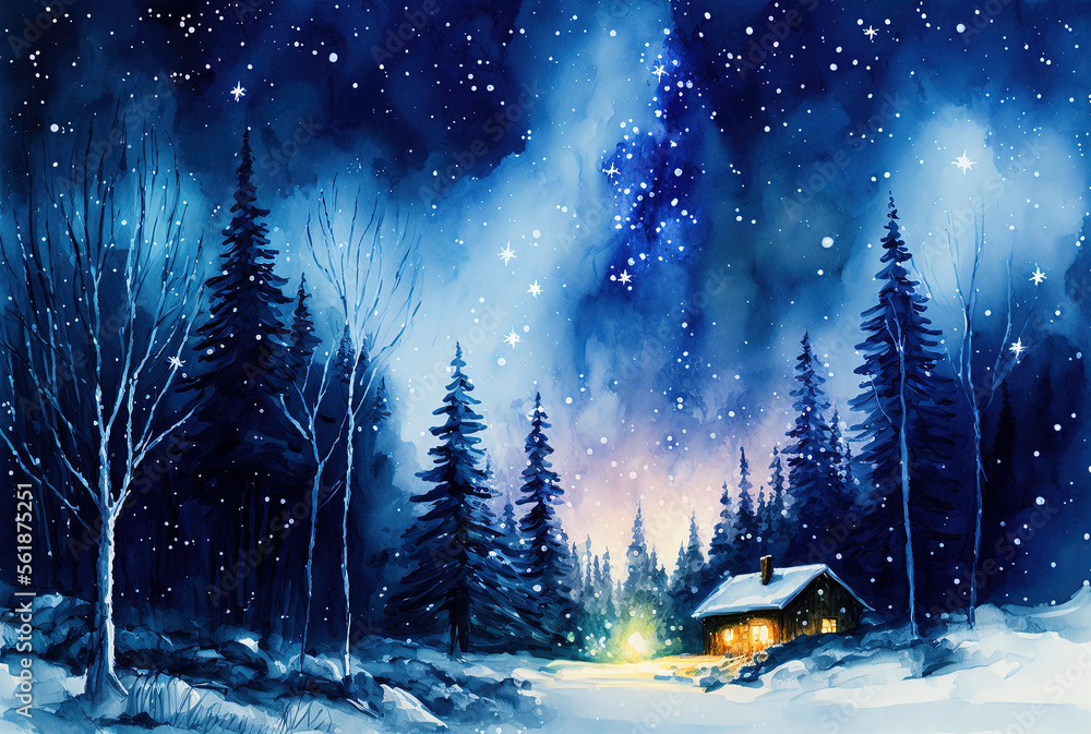 Watercolor winter landscape painting. Forest on a starry night.Ai generated Stock Illustration ...