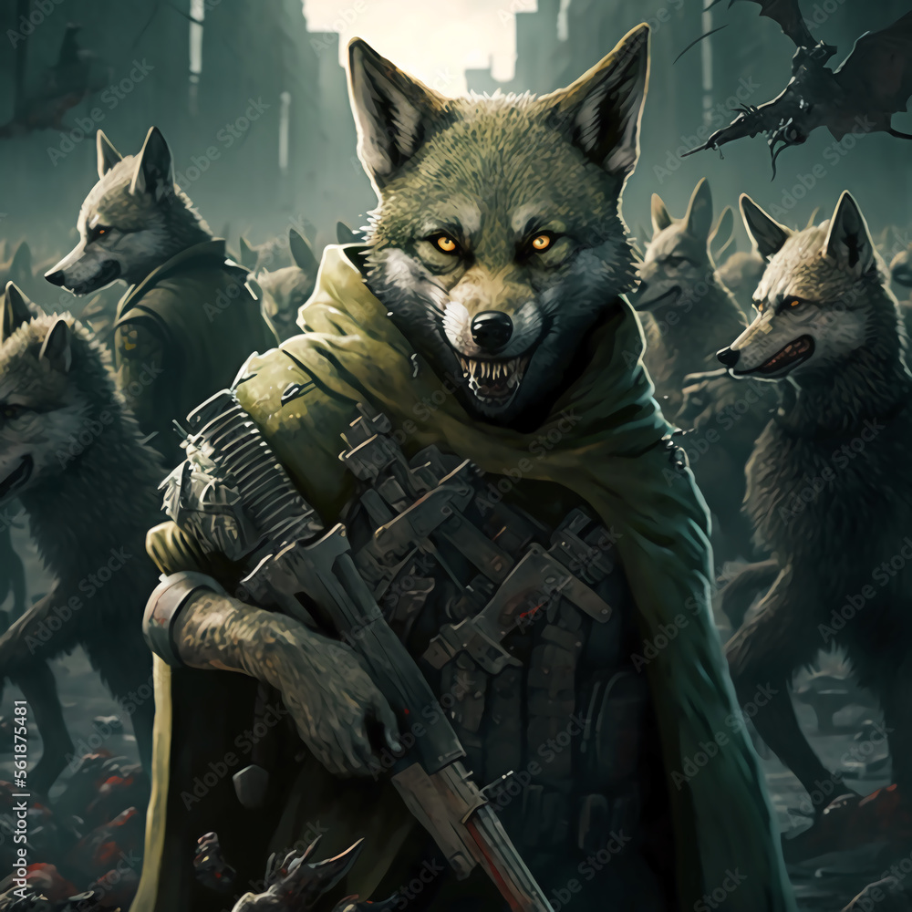 Army of animal(s) with modern weapons, army of wolves Stock ...