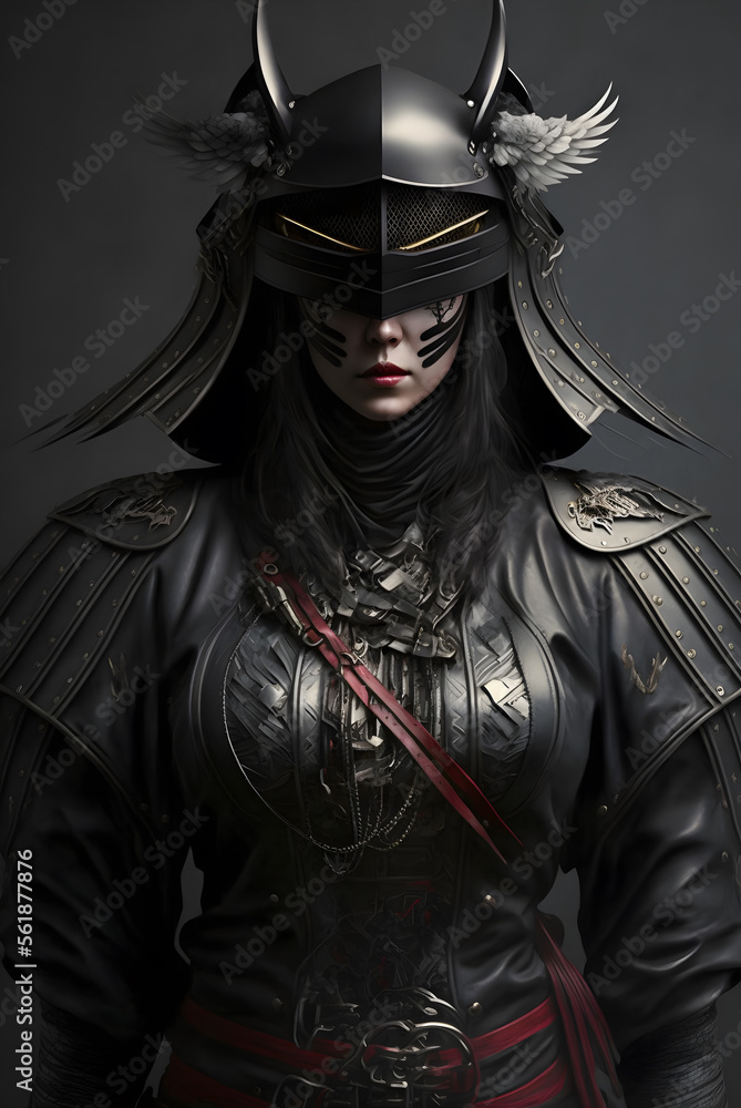 realistic digital artwork portrait of a female samurai in black armor ...