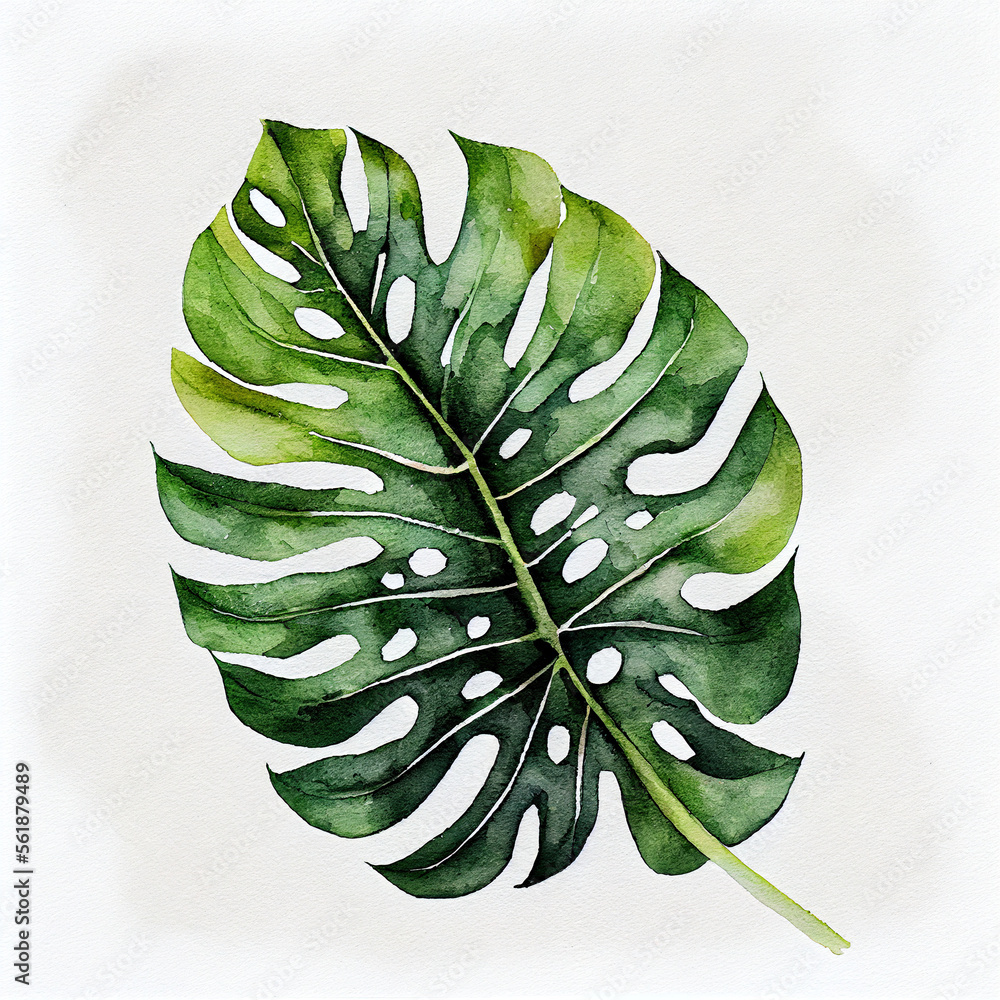 Ein großer grüner tropischer Monstera Blatt mit Wasserfarben bzw ...