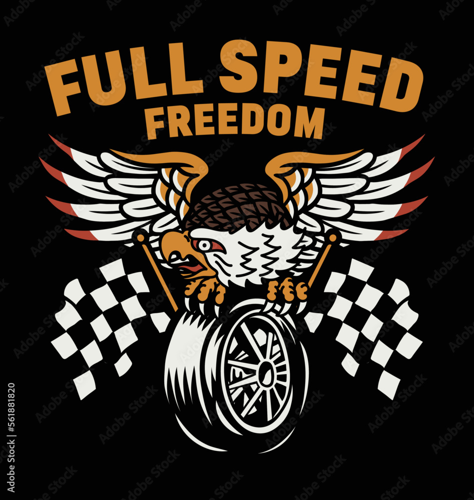 American Tattoo Style Eagle on Motorcycle Tyre Between Two Racing Flags ...