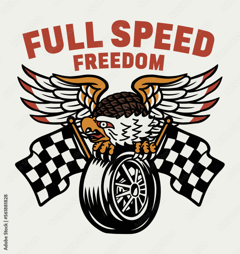 American Tattoo Style Eagle on Motorcycle Tyre Between Two Racing Flags ...