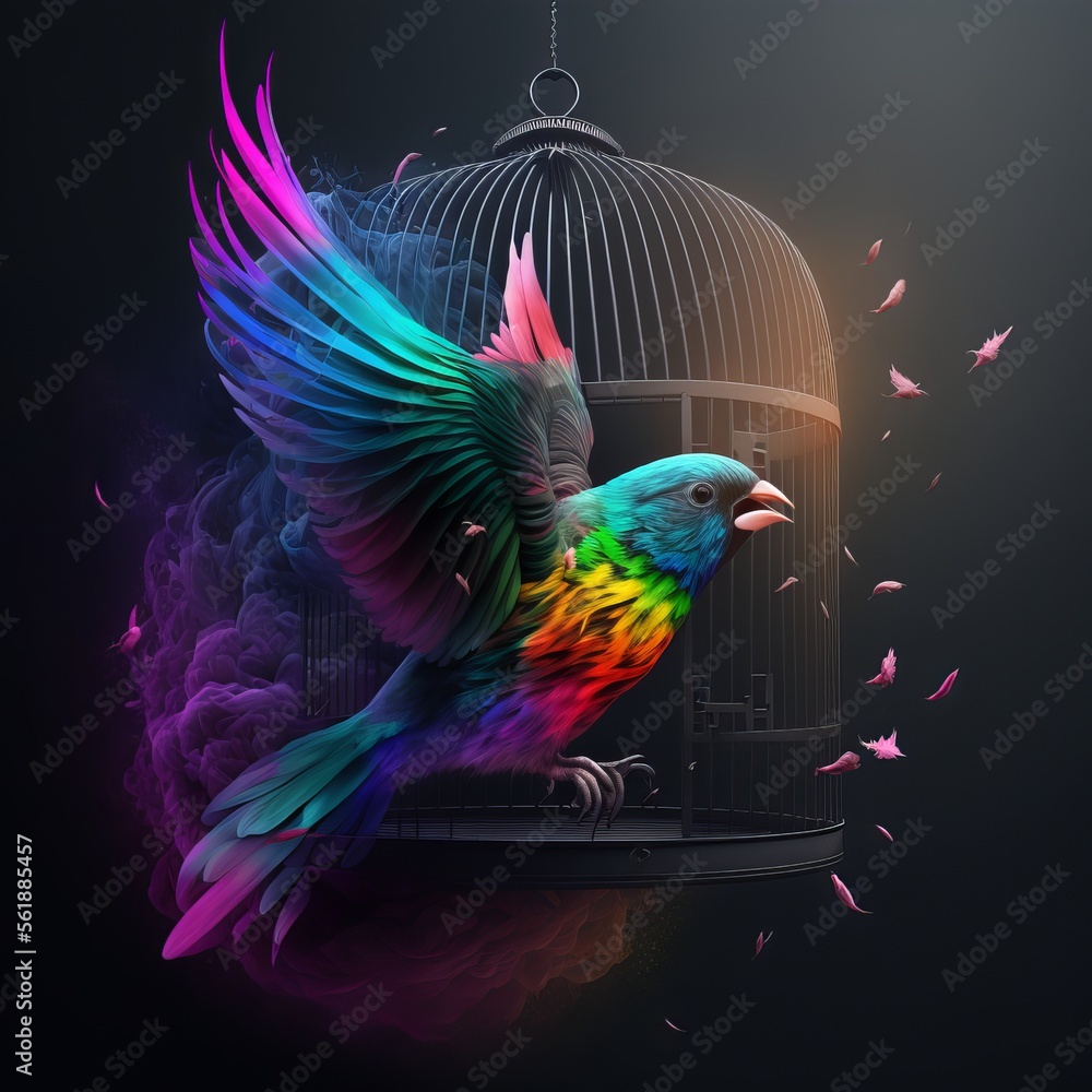 Colorful bird escaping from the cage. Generative AI. Stock Illustration ...