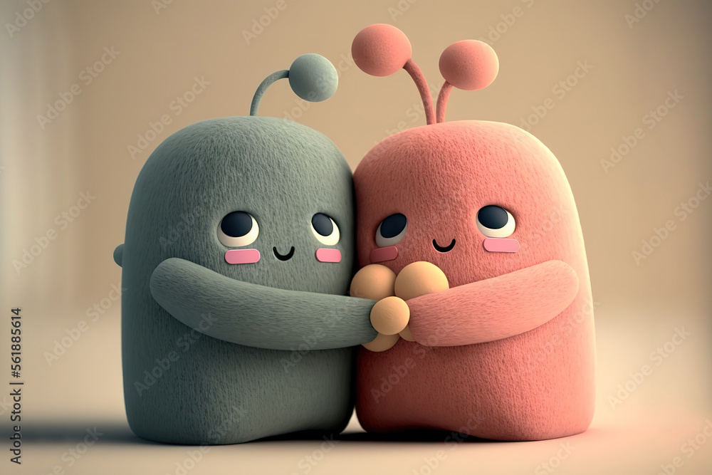 Two cute felt and rubber 3d render characters giving hugs to each ...