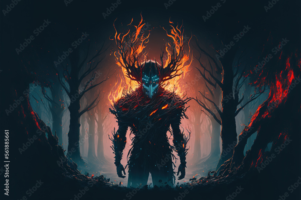 fire demon, dark fantasy forest, landscape, horror, art illustration ...