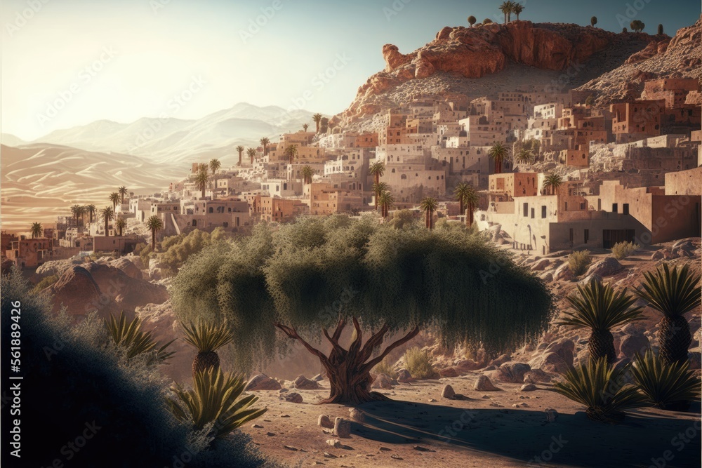 Algerian landscape illustration, Sahara Desert, Hoggar mountains ...
